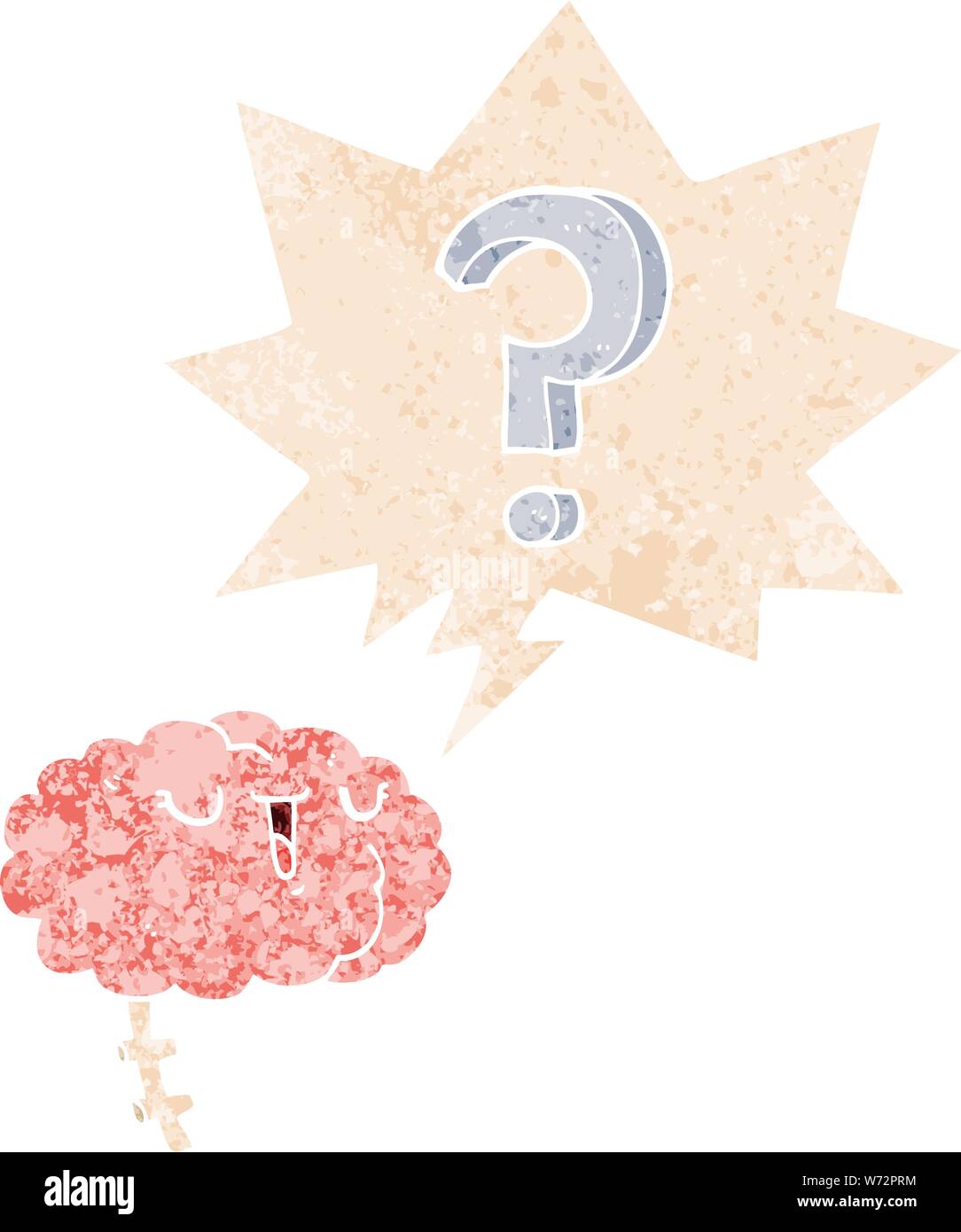 cartoon curious brain with speech bubble in grunge distressed retro ...