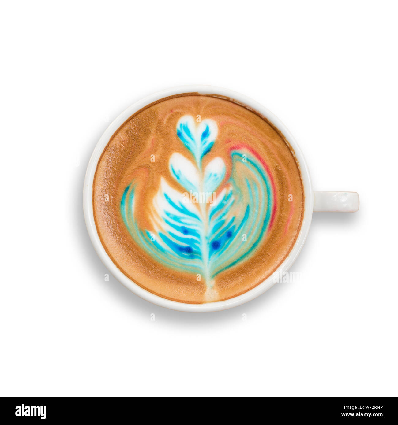 Top view of colorful rainbow latte coffee in white cup. Isolated on ...