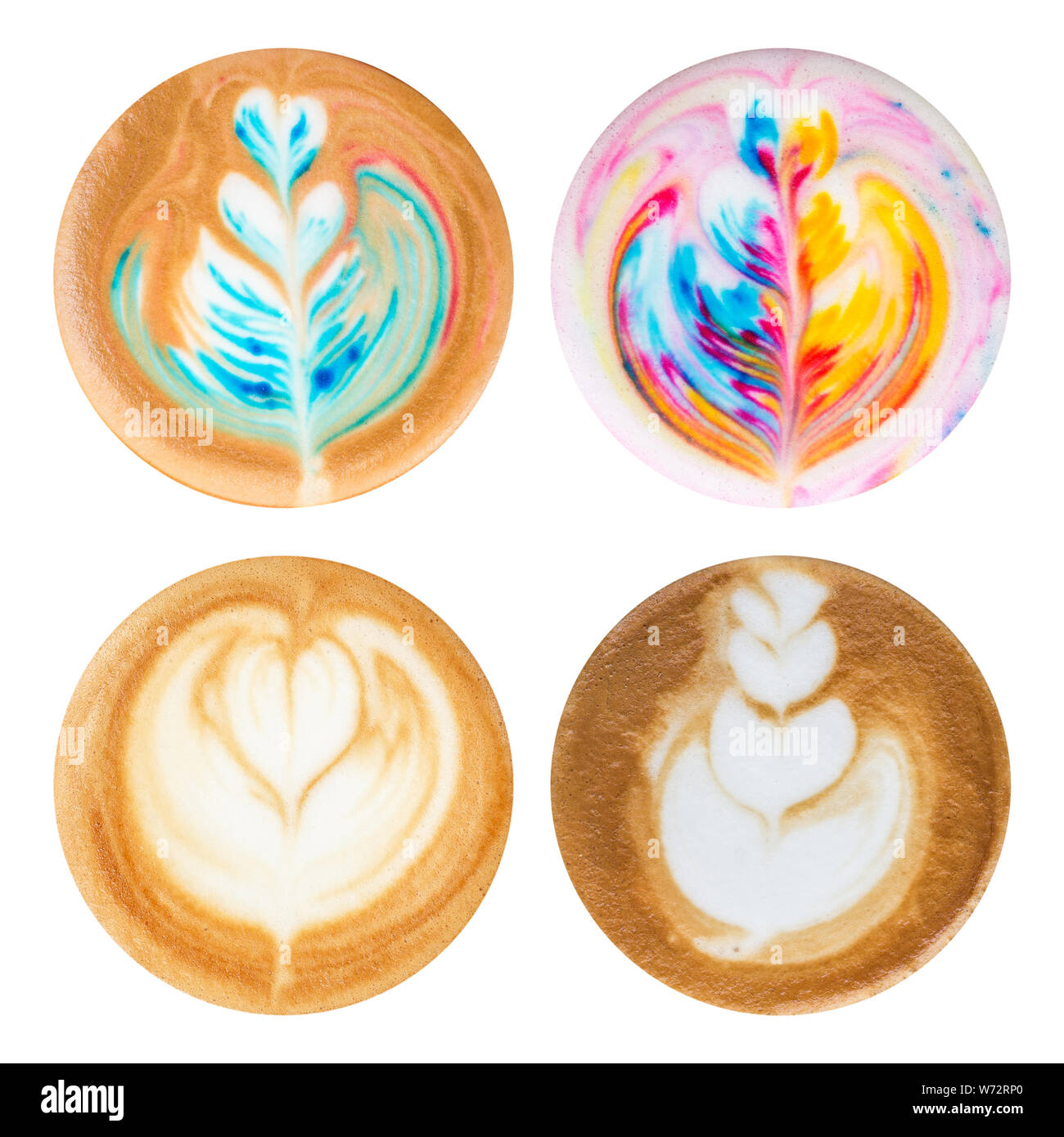 Top view set of hot latte art coffee with cappuccino foam isolated on ...