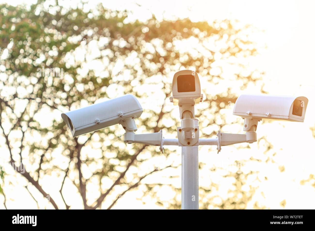 White security CCTV camera installed in the park at public area on blur ...