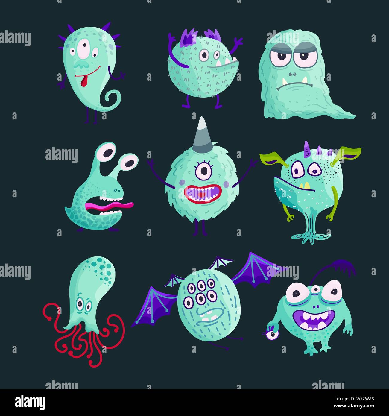 Cute cartoon vector monster icons in a flat style. Handdrawn stickers ...