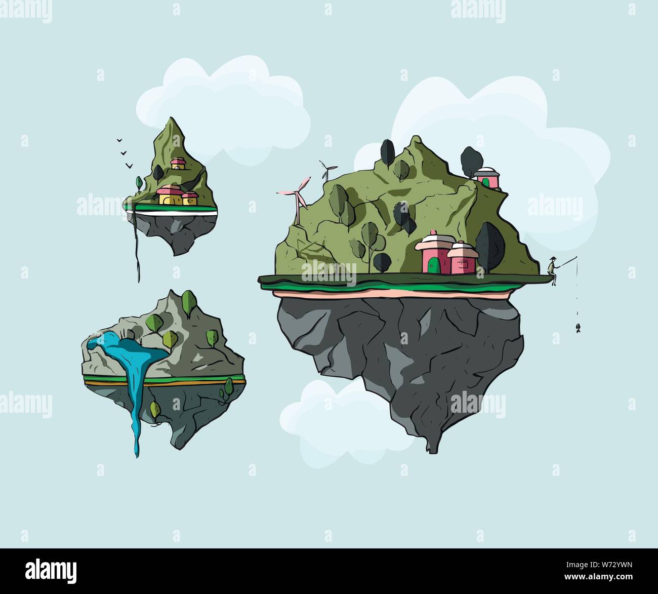 Floating island, 3d fantasy earth, green landscape. Cartoon magic eco ...
