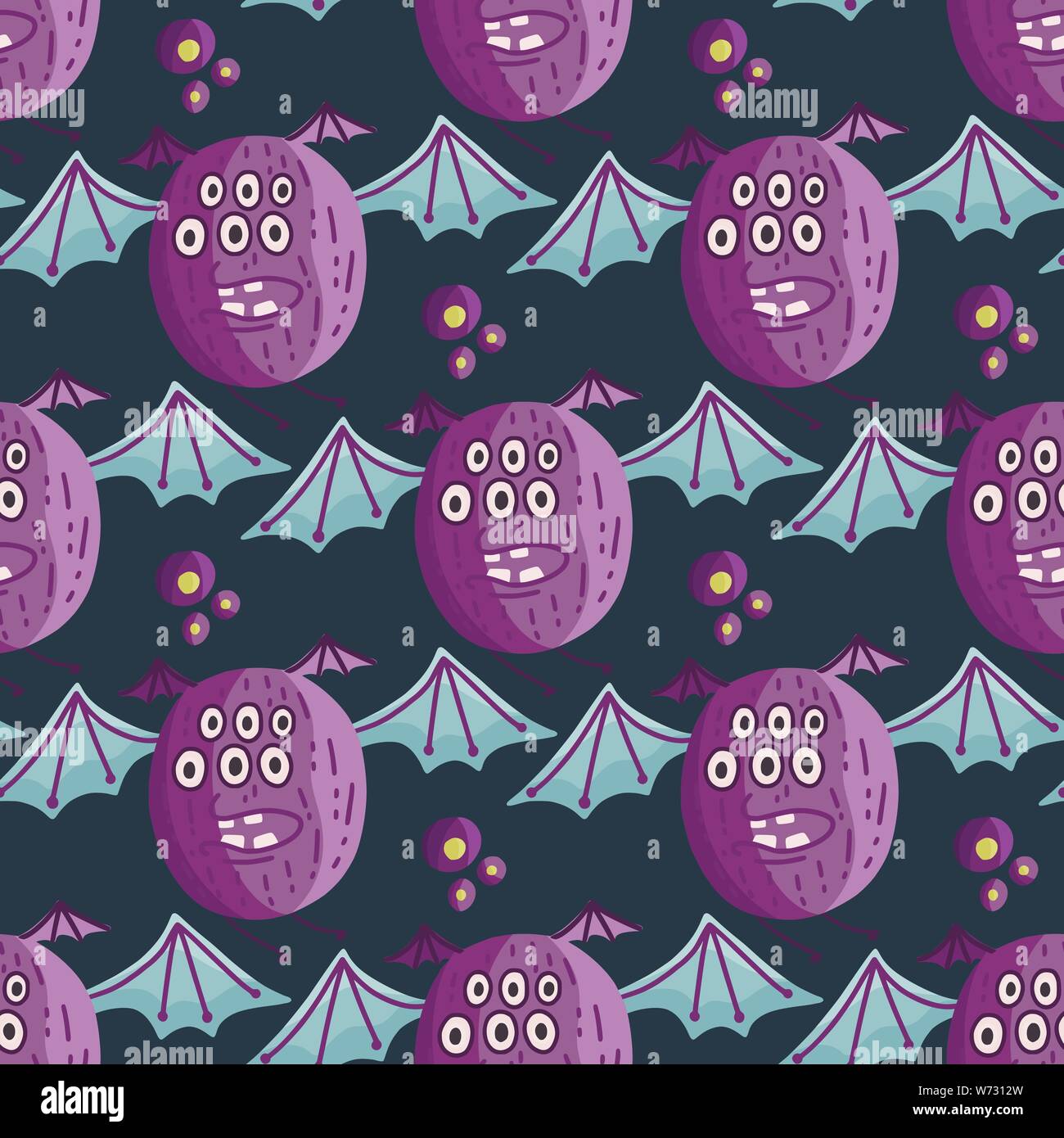 Cute cartoon vector seamless pattern with cute color monster bats in a ...