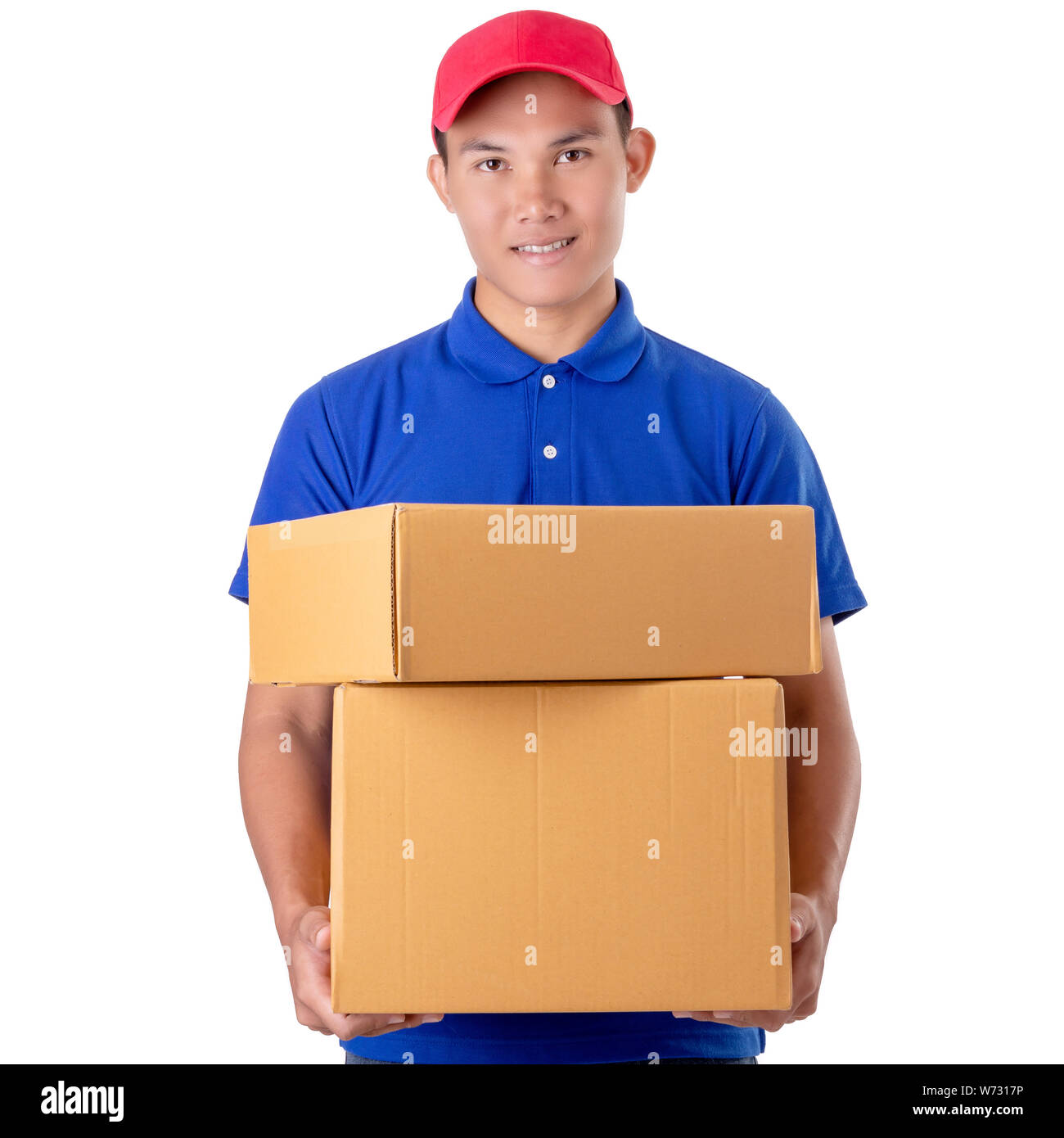 Asian delivery man carry brown parcel or cardboard boxes isolated on ...