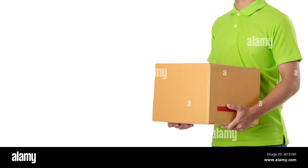 Asian delivery man carry brown parcel or cardboard boxes isolated on ...