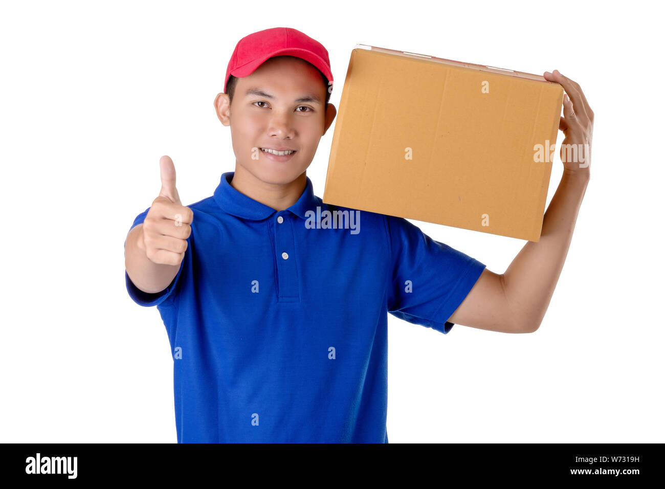 Asian delivery man carry brown parcel or cardboard boxes isolated on ...