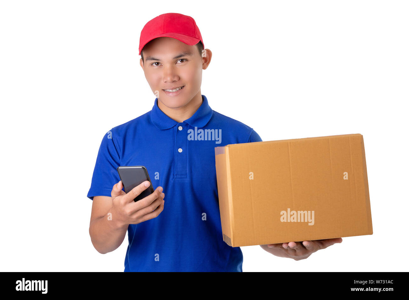 Asian delivery man carry brown parcel or cardboard boxes isolated on ...