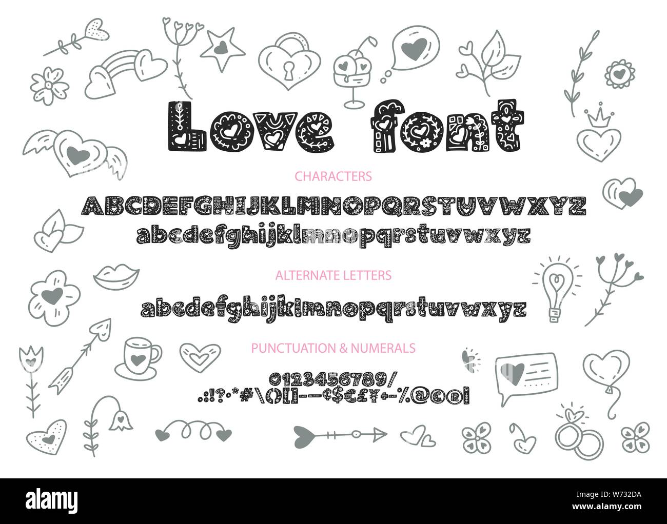 Decorative valentines display font with hearts. Alphabet vector ...