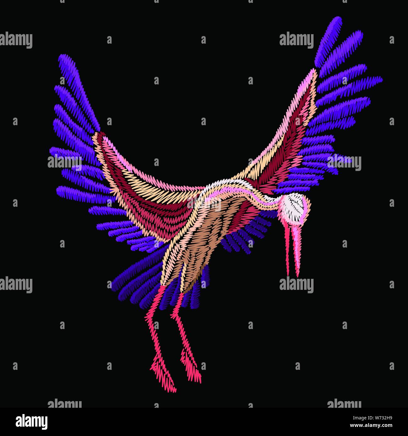 Embroidery stork soars with spread wings on a black background. Vector ...
