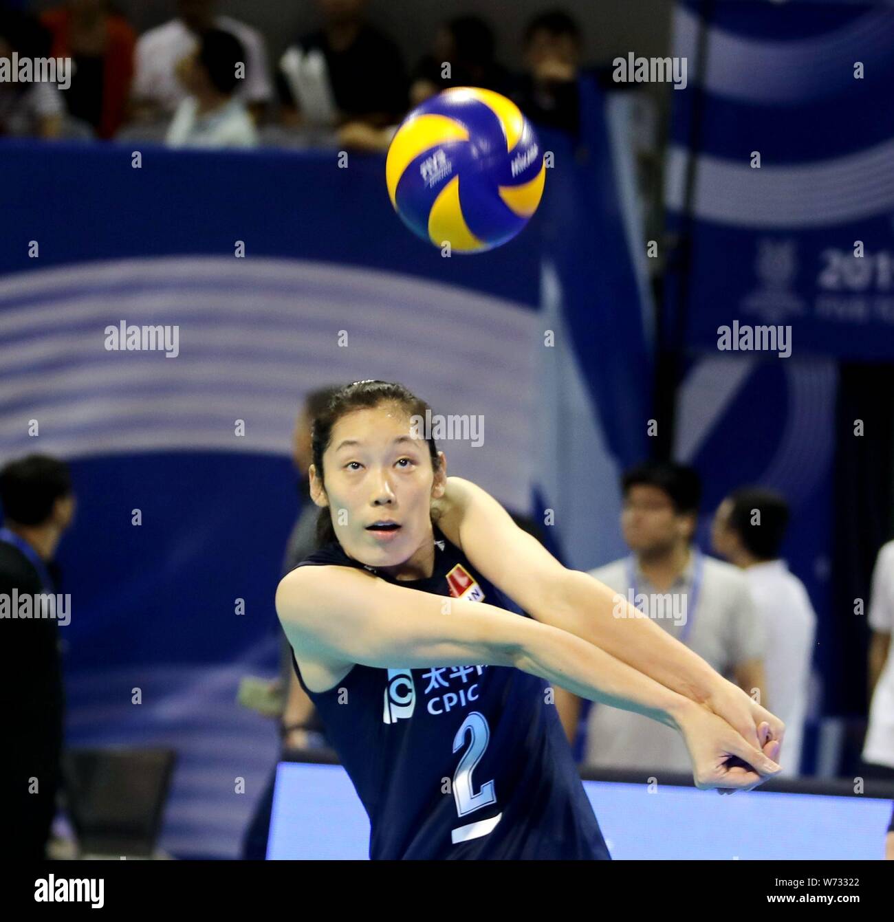 Zhu Ting, member of China women's national volleyball team, digs the ball during the 2019 FIVB ...