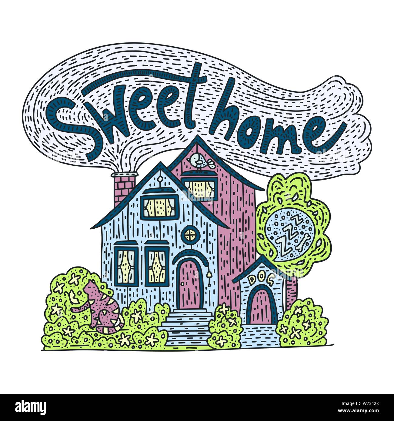 Country doodle detailed cottage with hand drawn lettering - sweet home ...