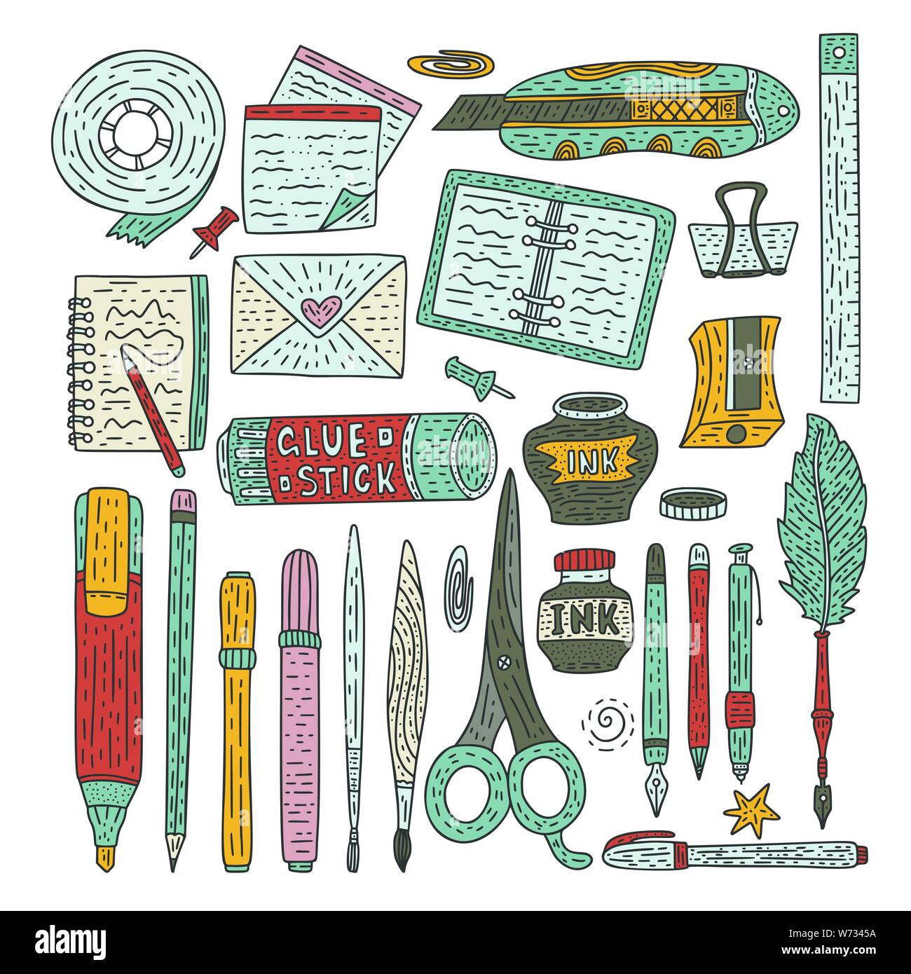 Drawing accessories color vector set. Doodle color drawing supplies for ...