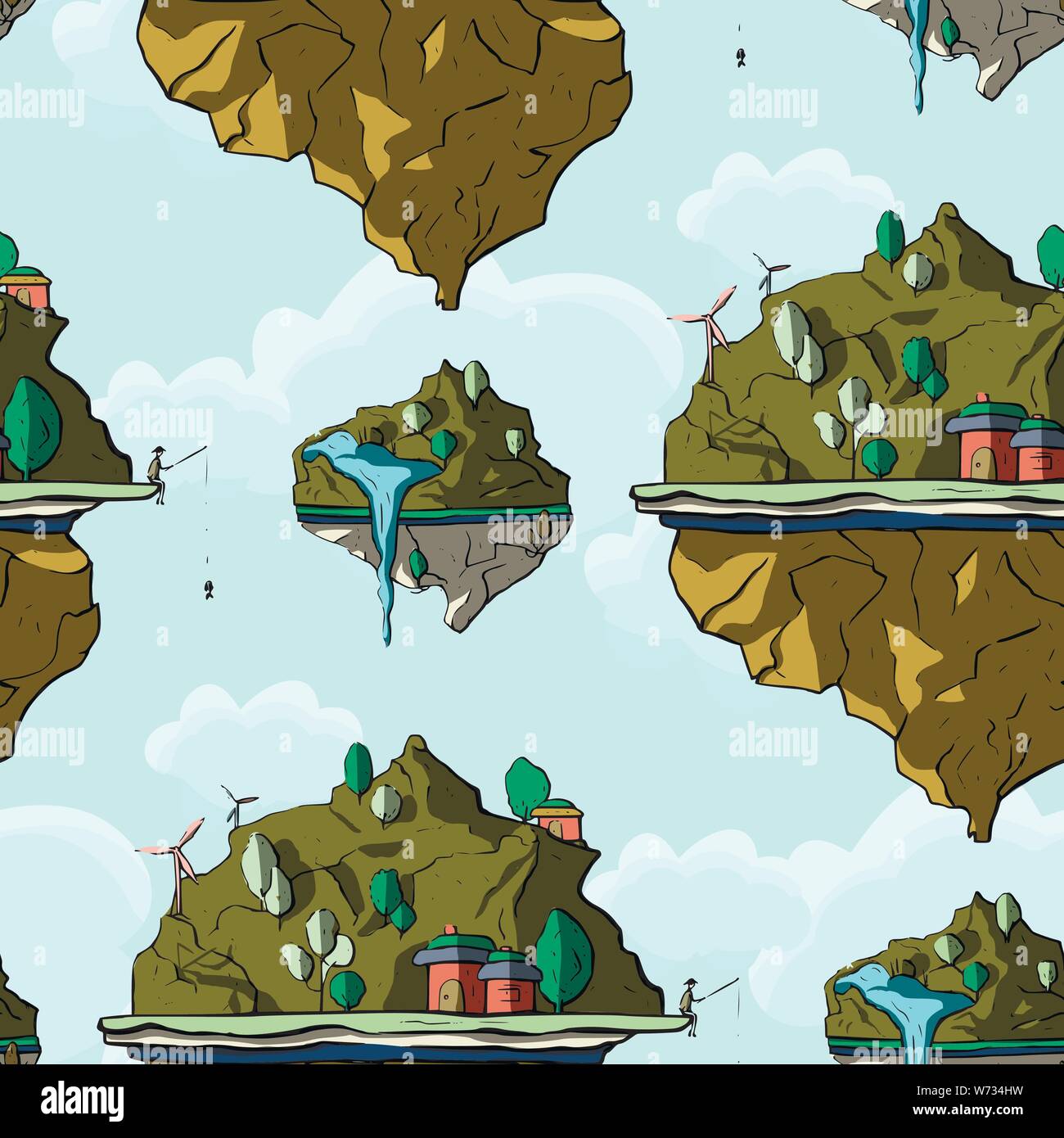 Seamless pattern with floating island, 3d fantasy earth, green ...