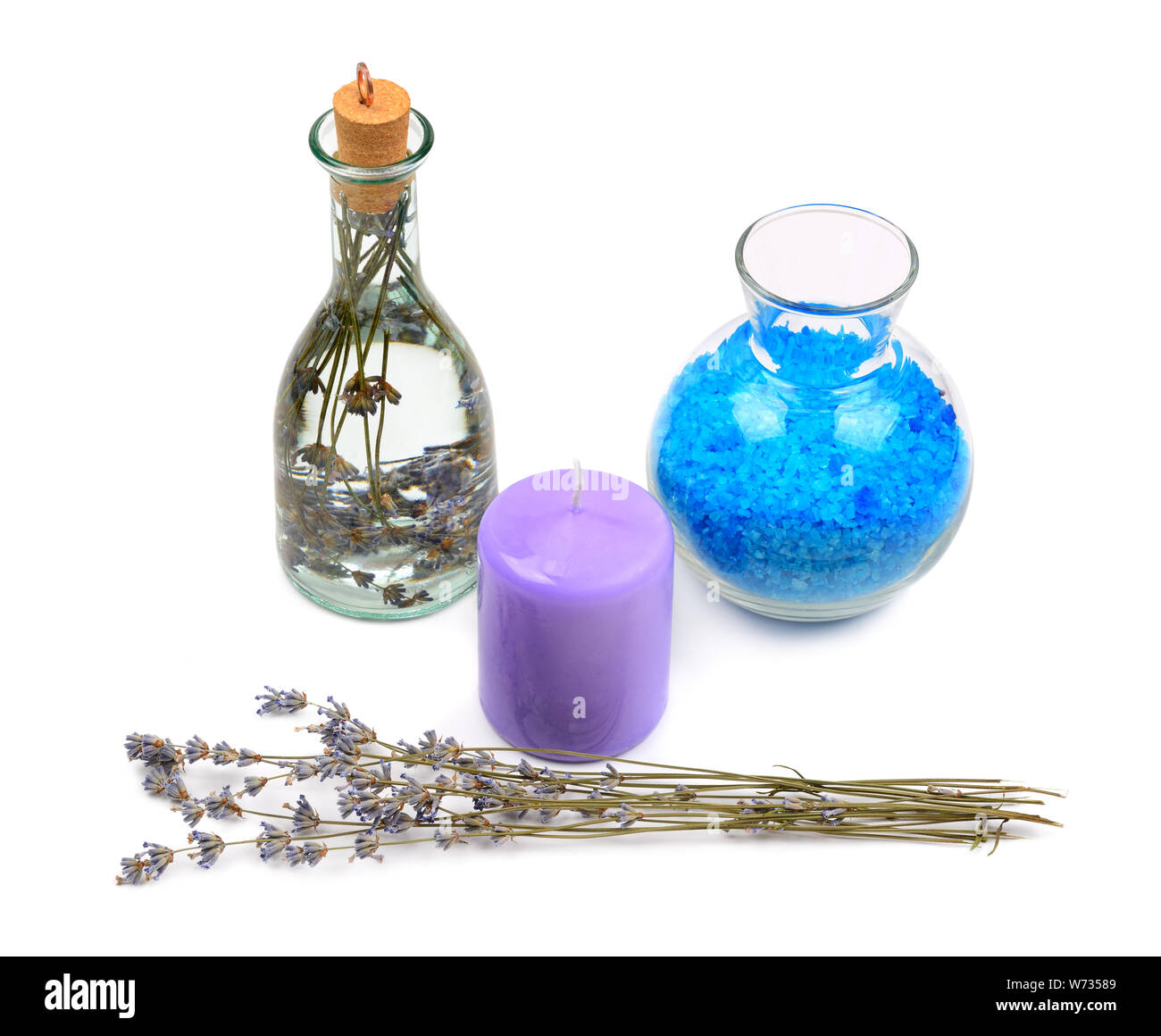 lavender water, salt and aromatic candle isolated on white background ...