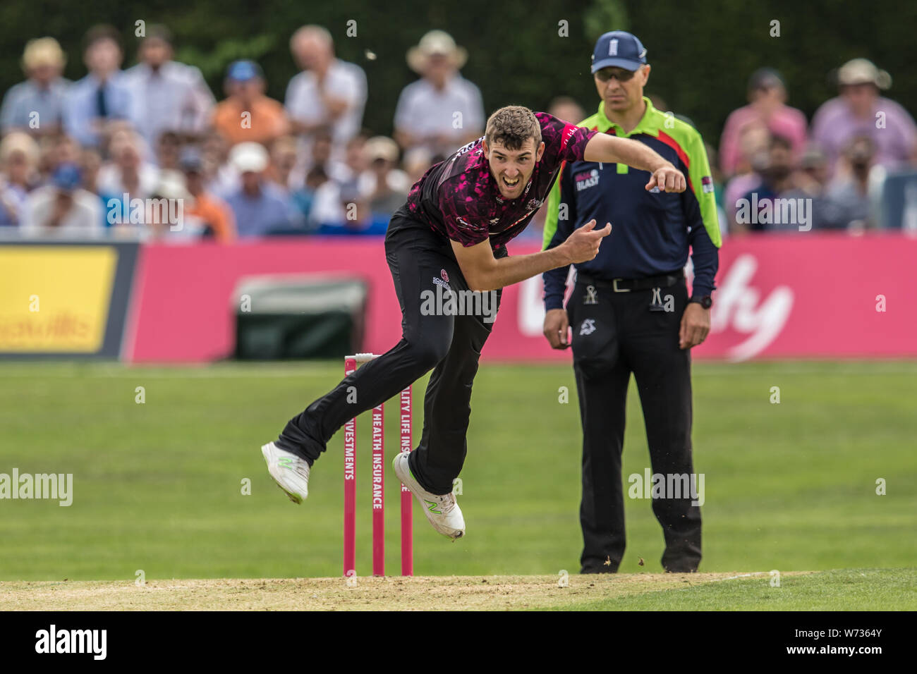 London, UK. 4 August 2019 Craig Overton bowling for Somerset against ...