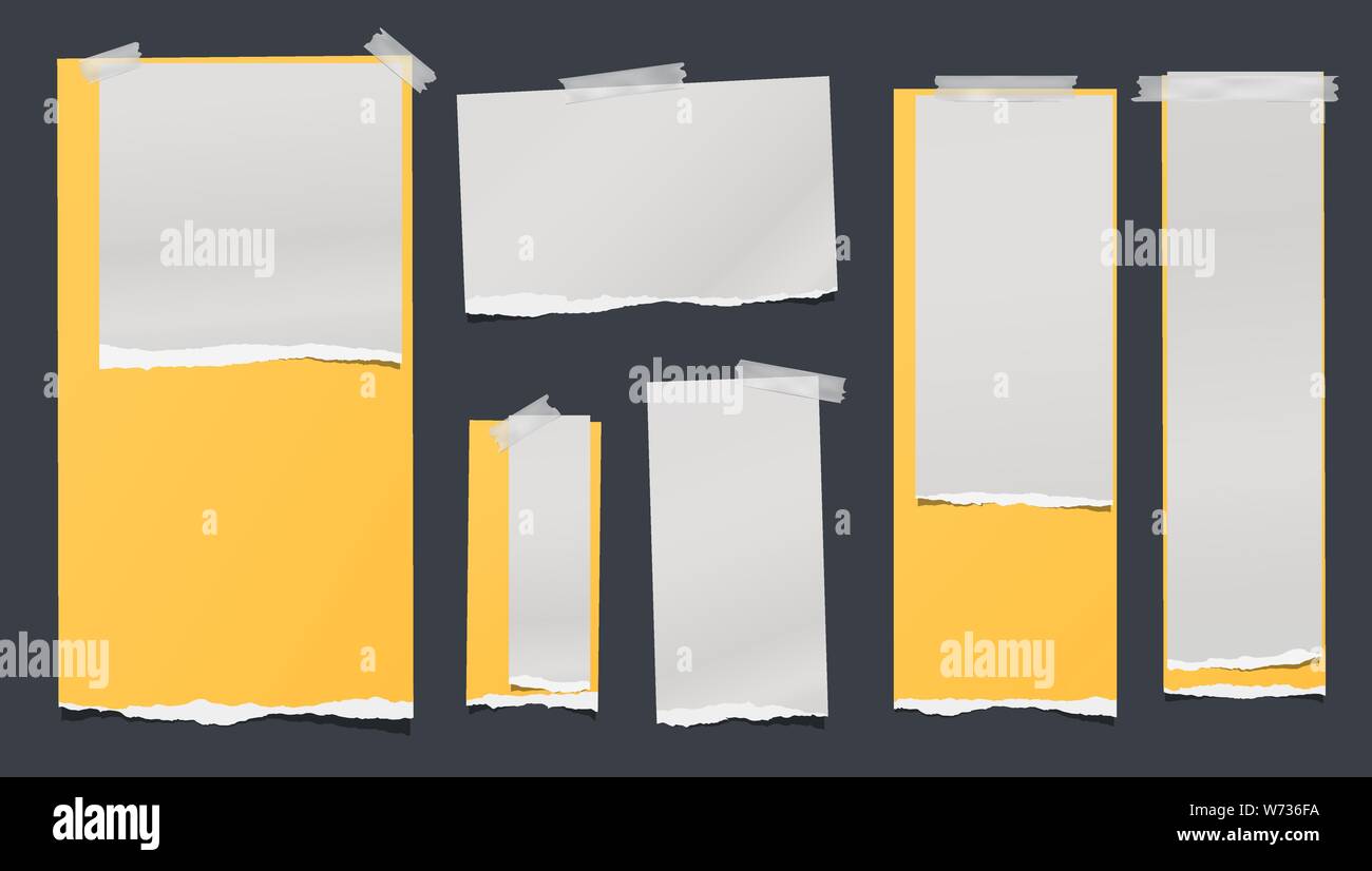 White and yellow ripped, torn note, notebook paper strips, stuck with ...
