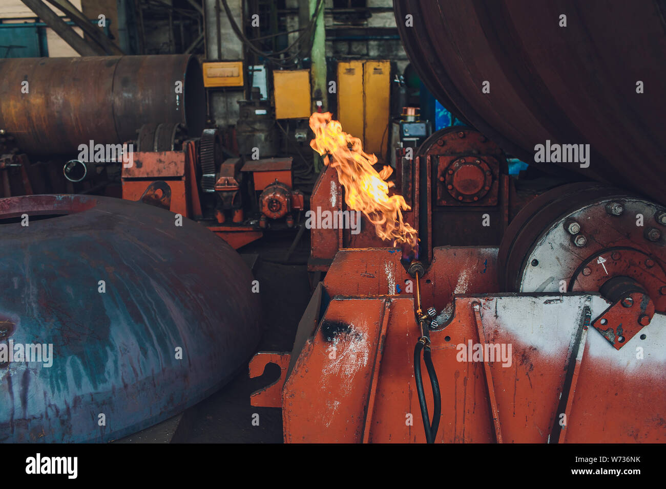 Huge metal tunnel made of rounded steel pipes in the factory hall Stock ...