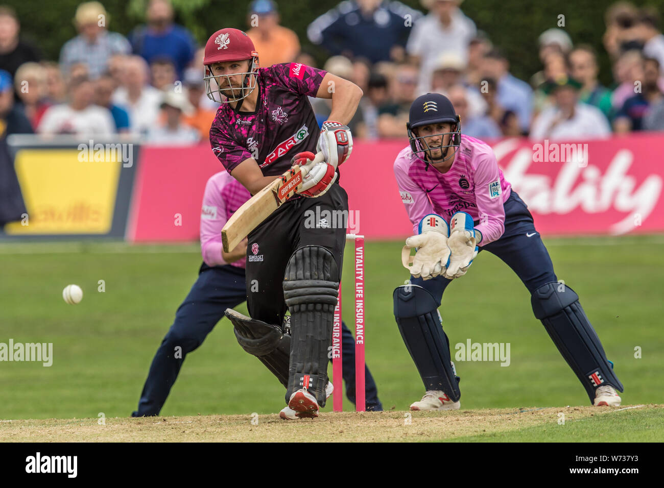 London, UK. 4 August, 2019. James Hildreth batting for Somerset against ...