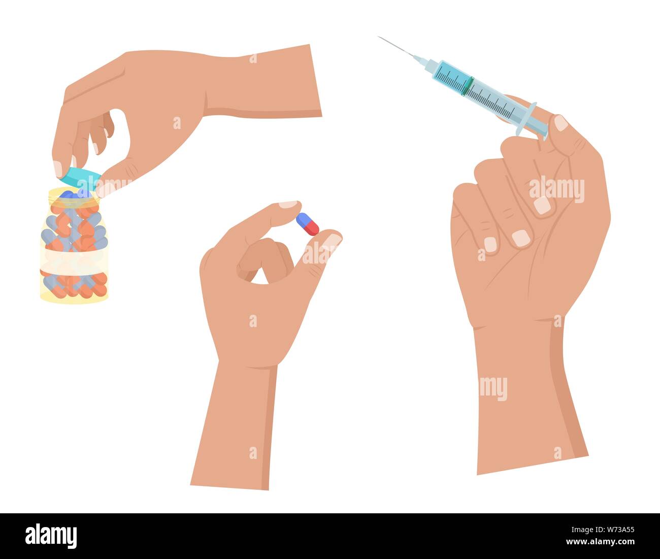 Hand holds pill and syringe, open pills bottle icon set on a white ...