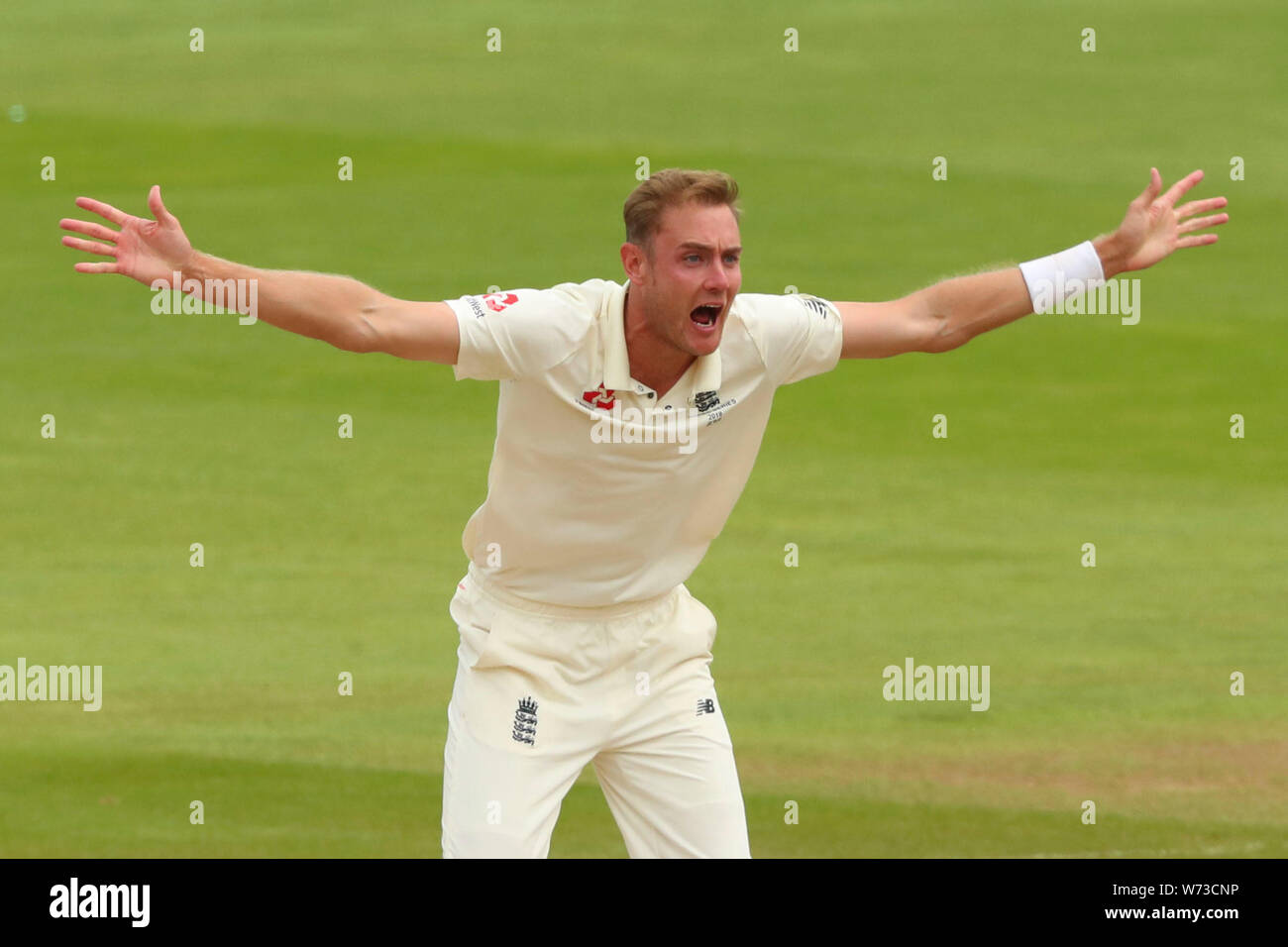 BIRMINGHAM, ENGLAND. 04 AUGUST 2019: Stuart Broad of England makes an ...