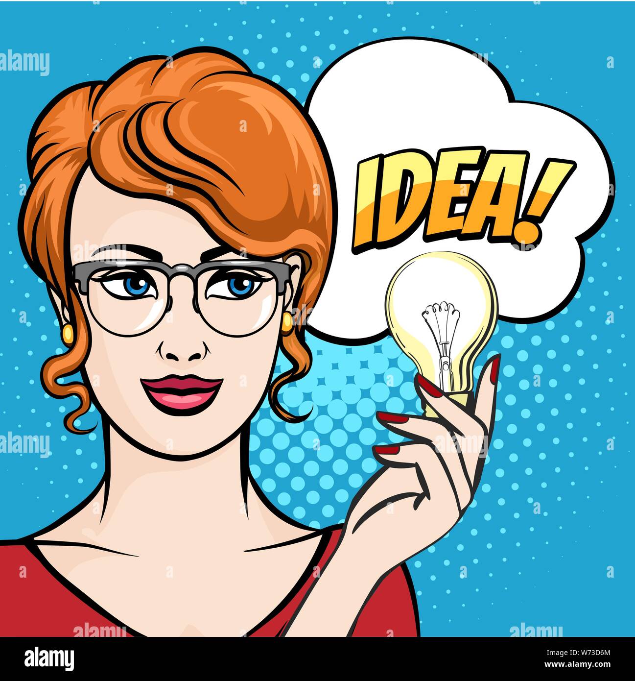 Bisiness woman Holds Light Bulb with Speech Bubble IDEA drawn in Pop Art Style. Vector ...