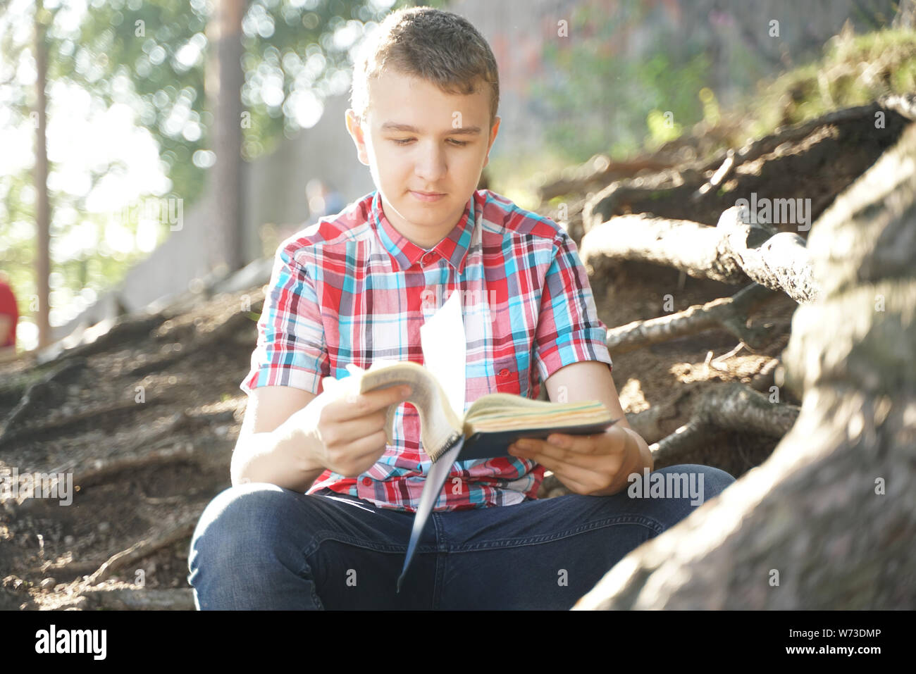 Teenage boy reading exercise book on the nature Stock Photo - Alamy