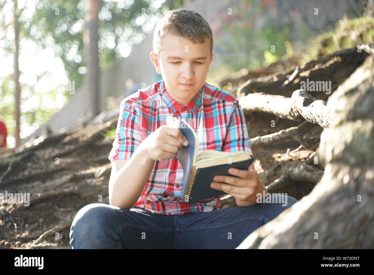 Teenage boy reading exercise book on the nature Stock Photo - Alamy