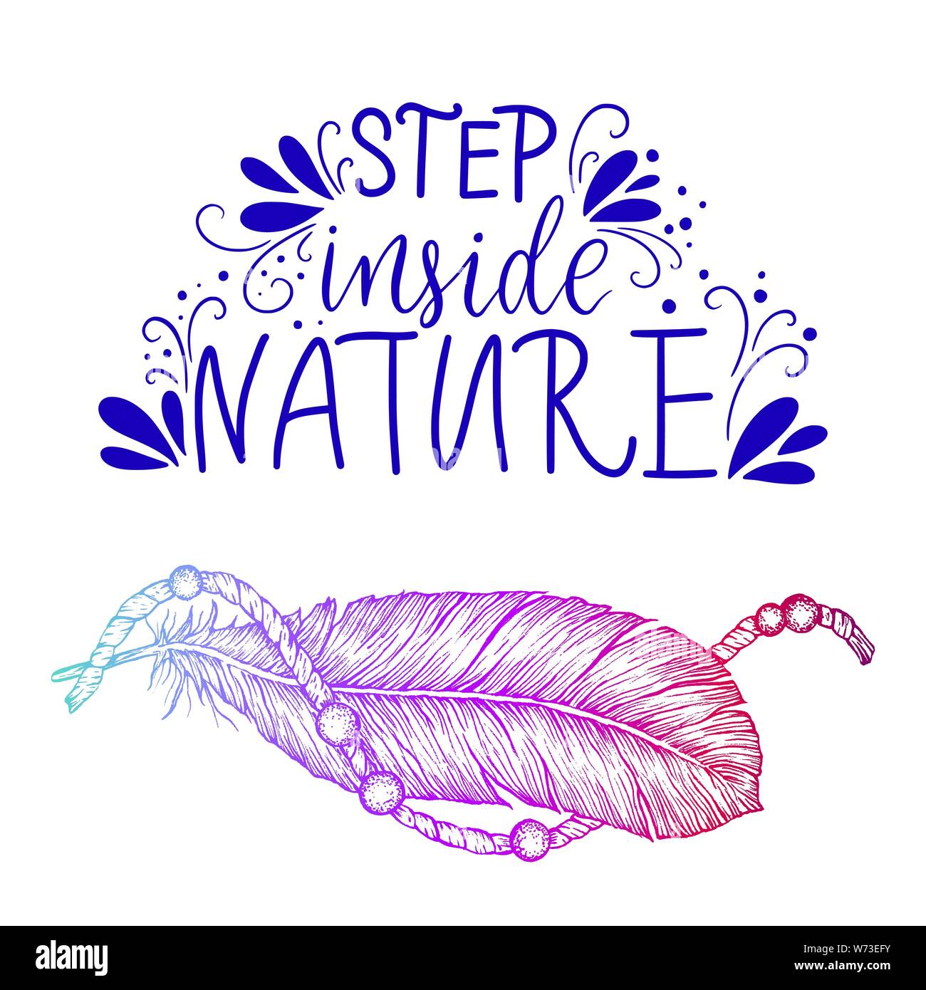 Step inside nature. Detailed hand drawn vector feather. Ornate card ...