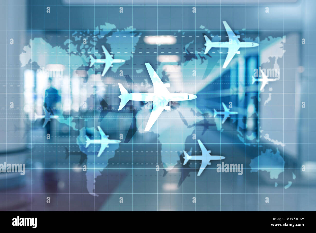 World map with flight routes airplanes. Global Aviation Business ...