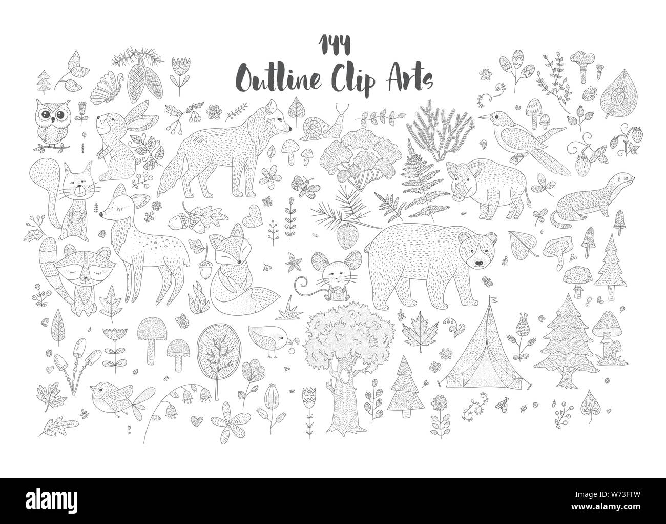 Big set of hand drawn forest illustraitions with outline wild animals ...