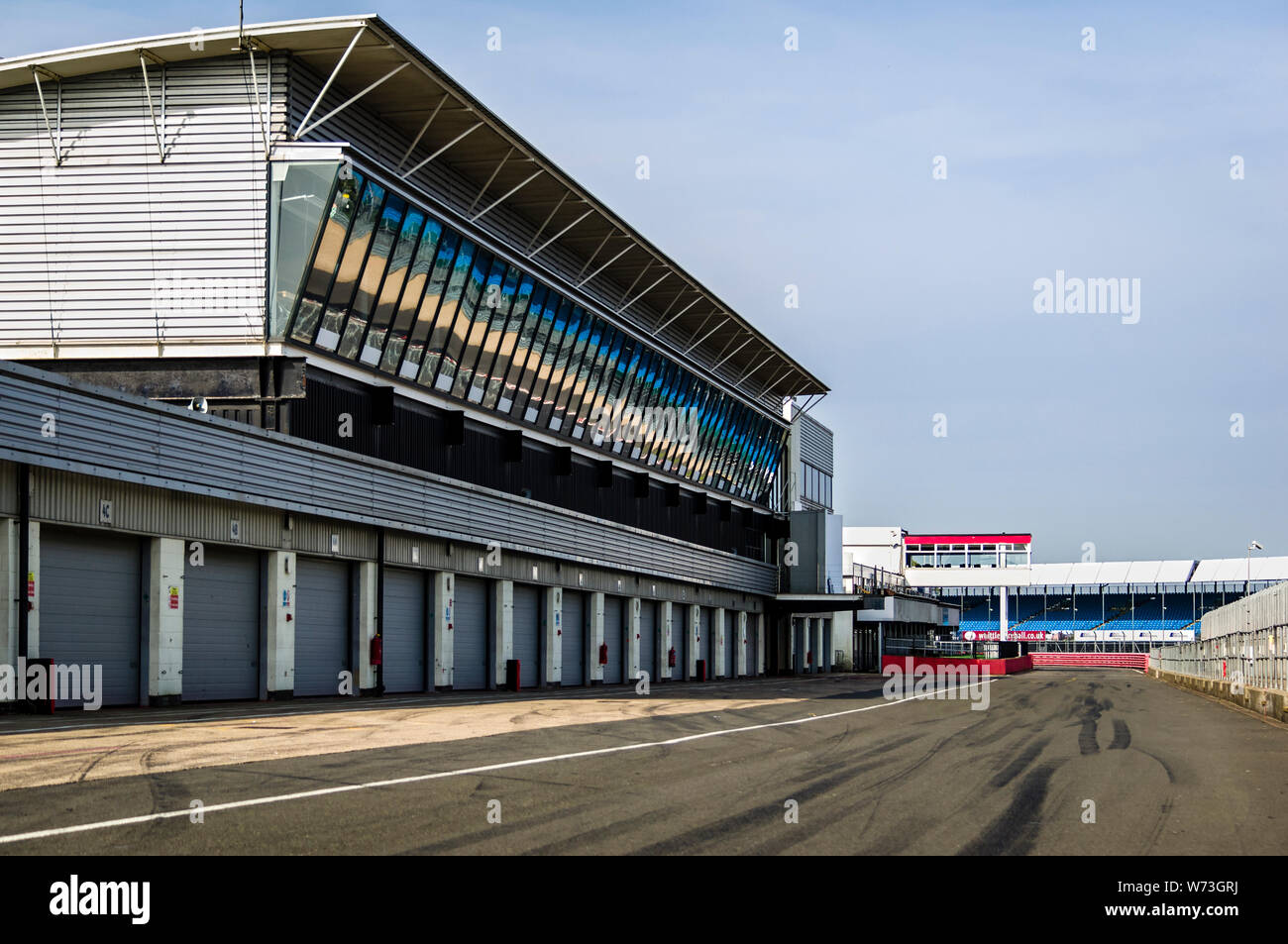 The deserted original pit lane and garages at Silverstone race track ...