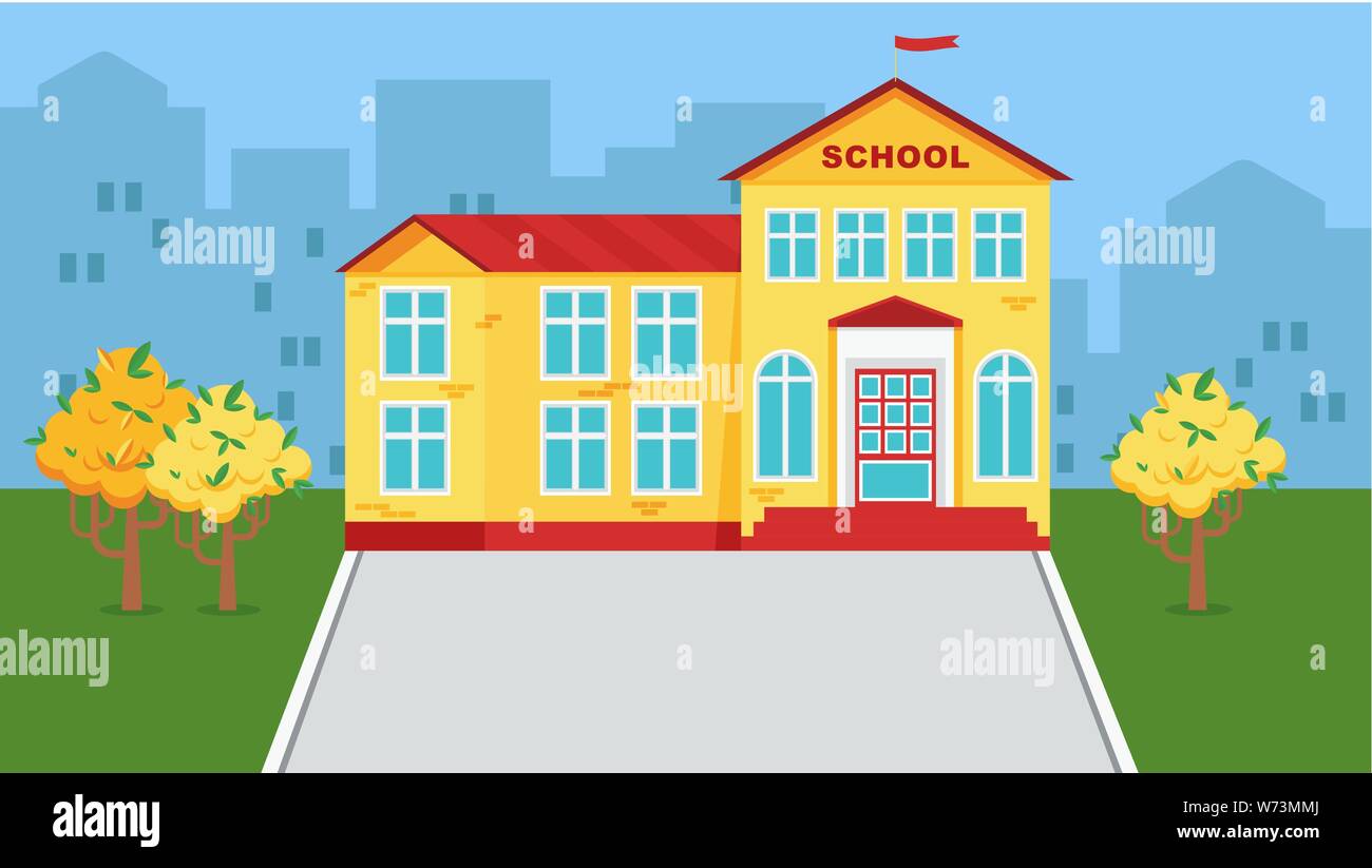 Yellow school building with a red roof on a urban background Stock ...