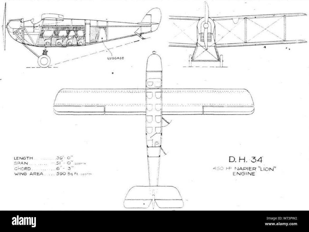 De Havilland DH.34 3-view Flight January 5, 1922 Stock Photo - Alamy