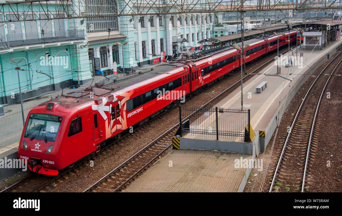 Moscow, Russia - July 2019. Aeroexpress. Railway, ancient architecture ...