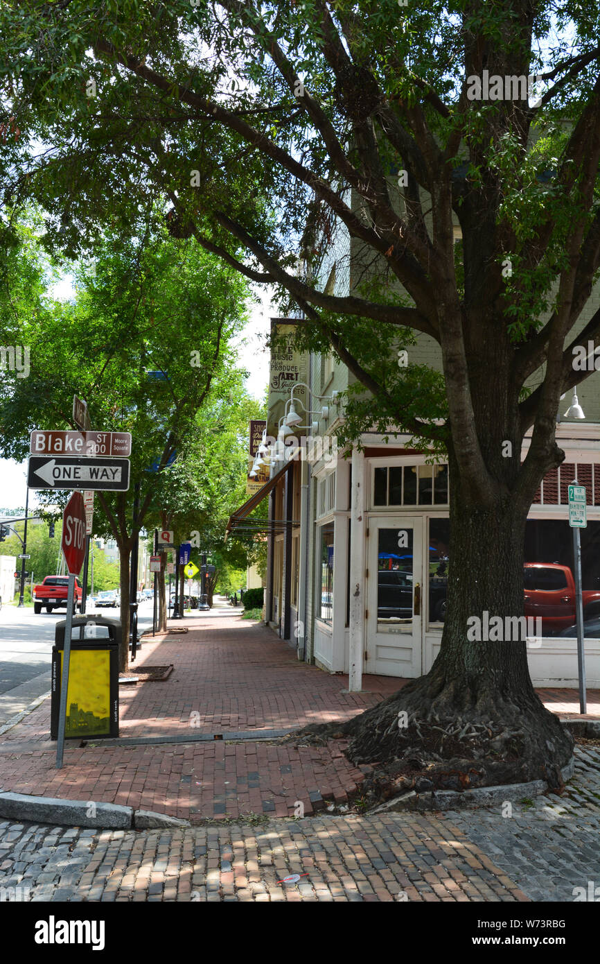 Tree's shade the sidewalk in the historic City Market shopping district ...