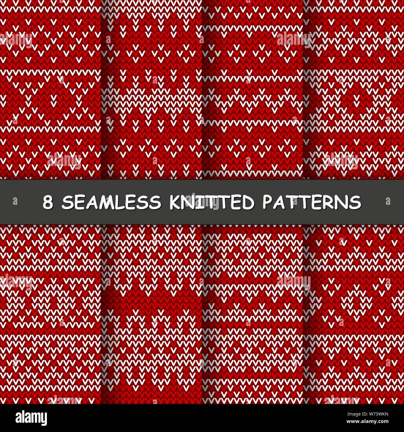 Set with seamless winter patterns. Red and white knitted background in ...