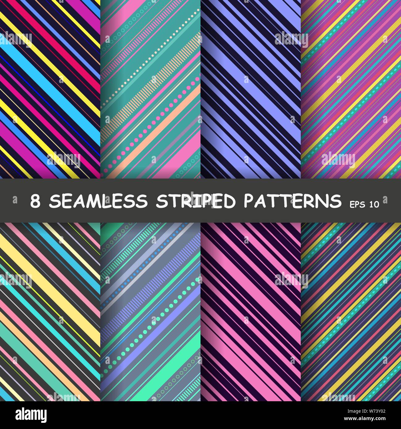 Set of eight colorful diagonal striped patterns. Seamless background ...