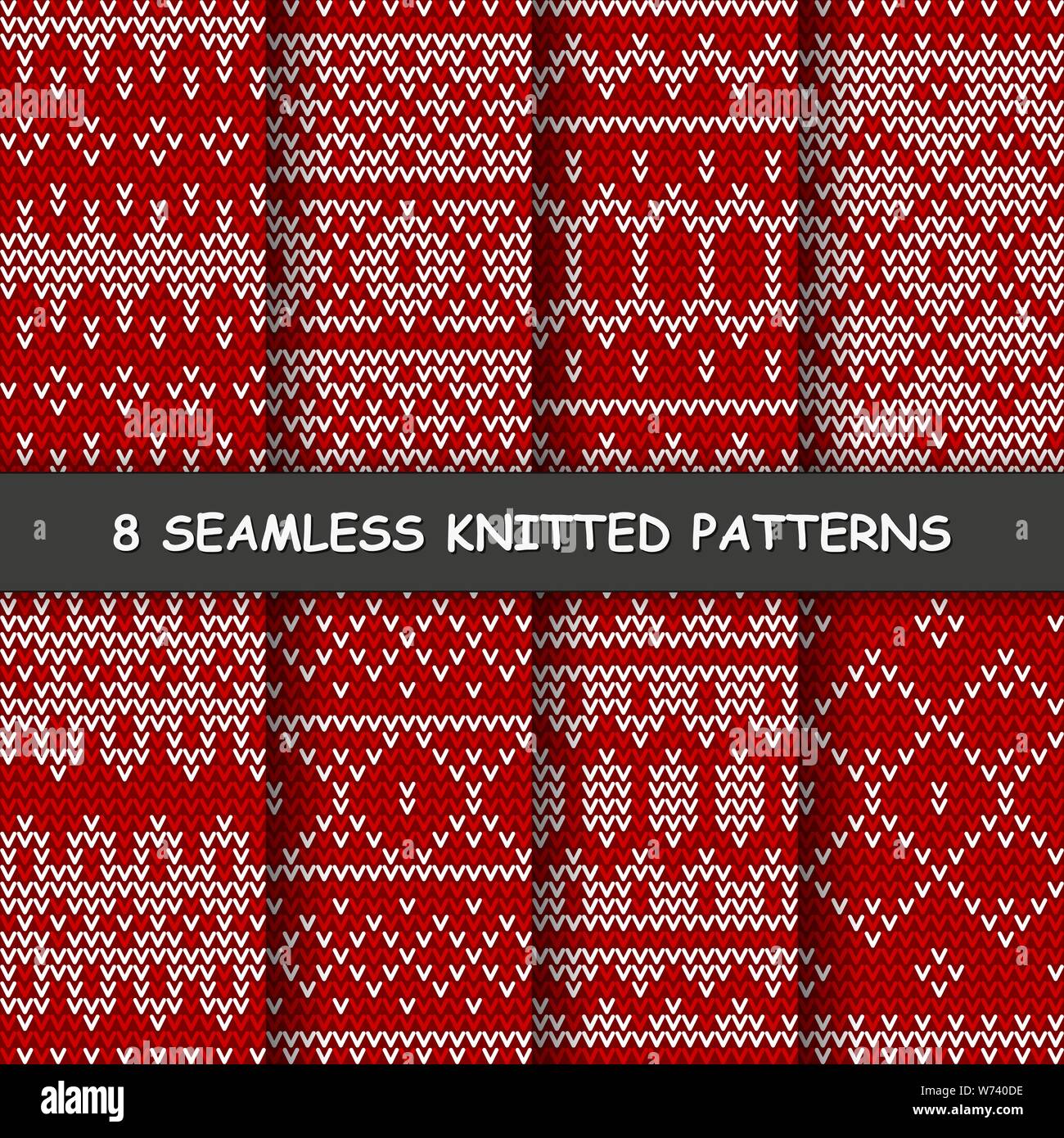 Set with seamless winter patterns. Red and white knitted background in ...