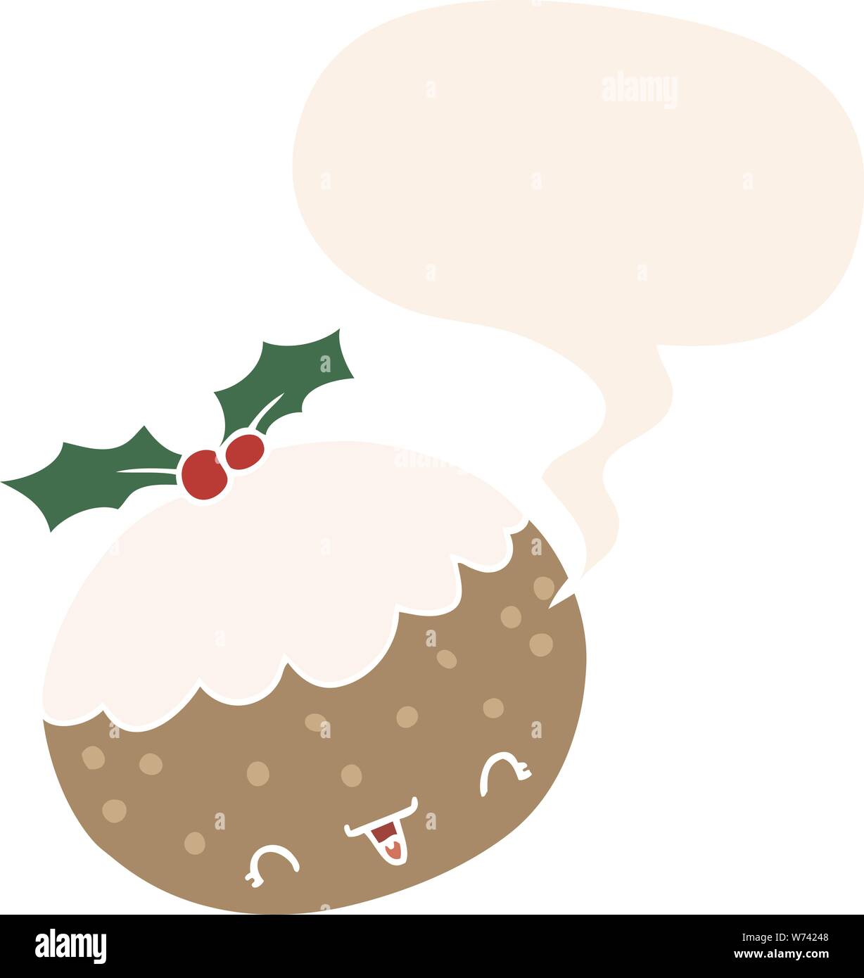 cute cartoon christmas pudding with speech bubble in retro style Stock ...