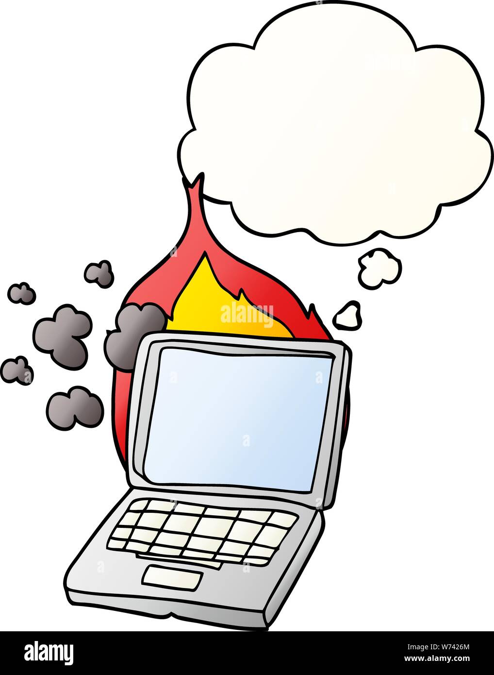 cartoon broken laptop computer with thought bubble in smooth gradient ...