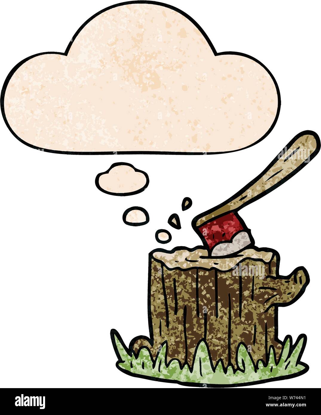 cartoon axe in tree stump with thought bubble in grunge texture style ...
