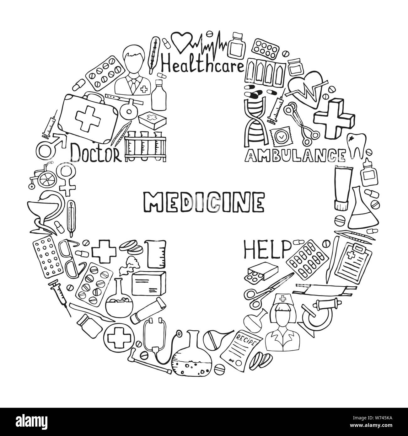 Hand drawn medicine icon set. Healthcare doodle icons. Vector doodle ...