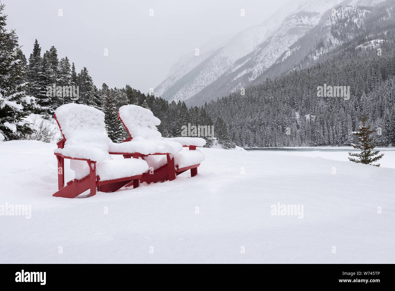 Red Chairs at Two Jack Lake in Banff National Park, Alberta, Canada ...