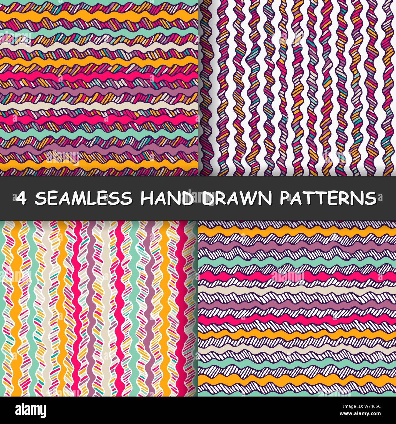 Set of four colorful seamless hand drawn graphic striped patterns ...