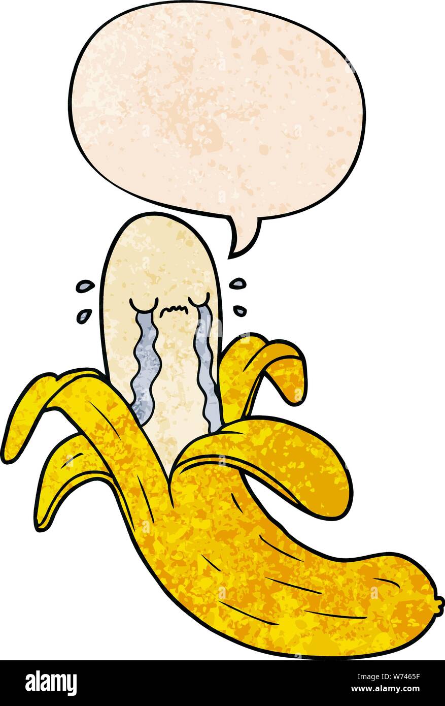 cartoon crying banana with speech bubble in retro texture style Stock ...