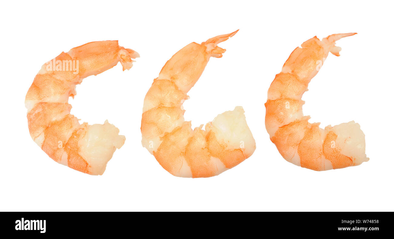 three unshelled boiled shrimp isolated on white Stock Photo - Alamy