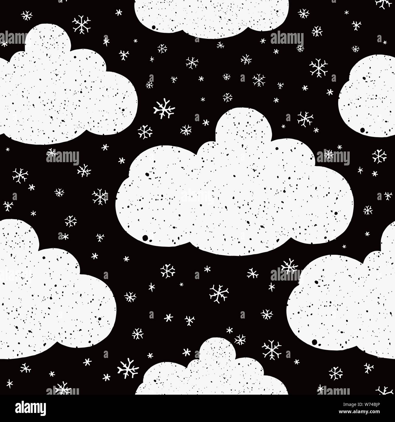Hand drawn winter pattern with snowflakes and clouds. Seamless doodle ...