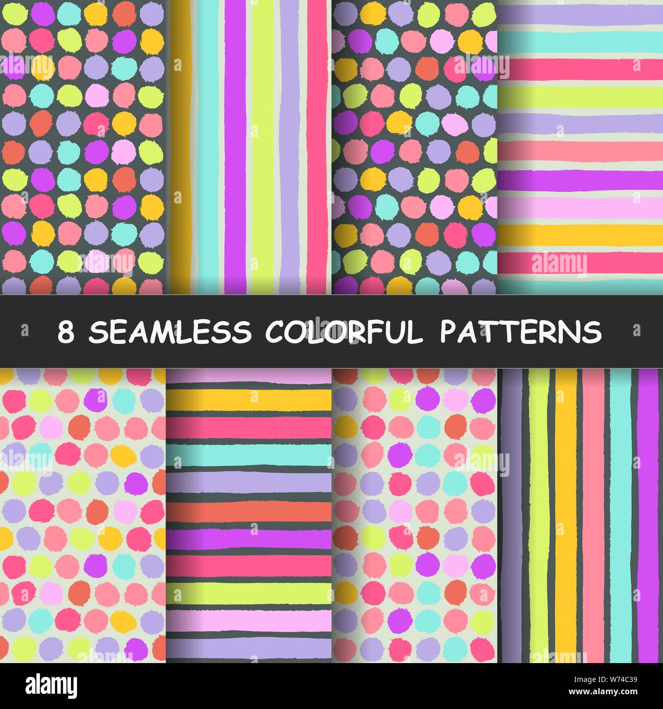 Set of eight colorful seamless hand drawn graphic patterns with dotted ...