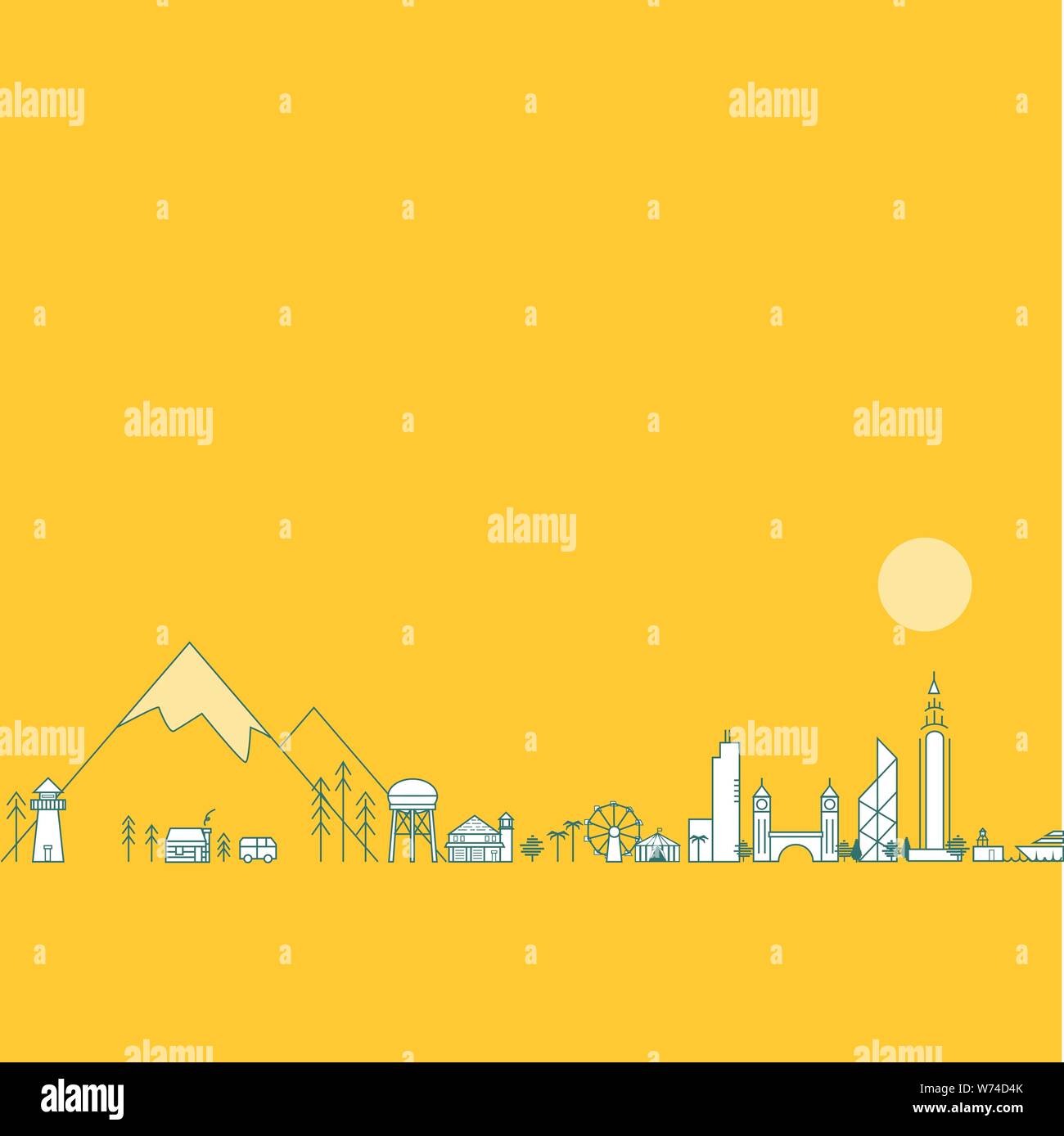 Coast to coast line illustration with a van, buildings, mountains ...