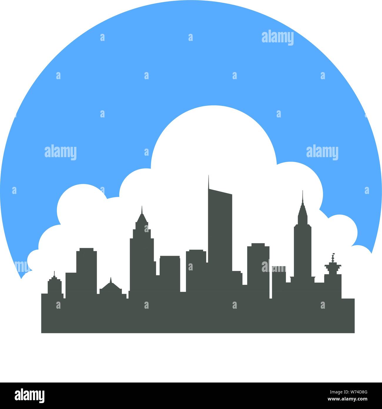 Circular badge with a forest in front of a city in front of a large ...